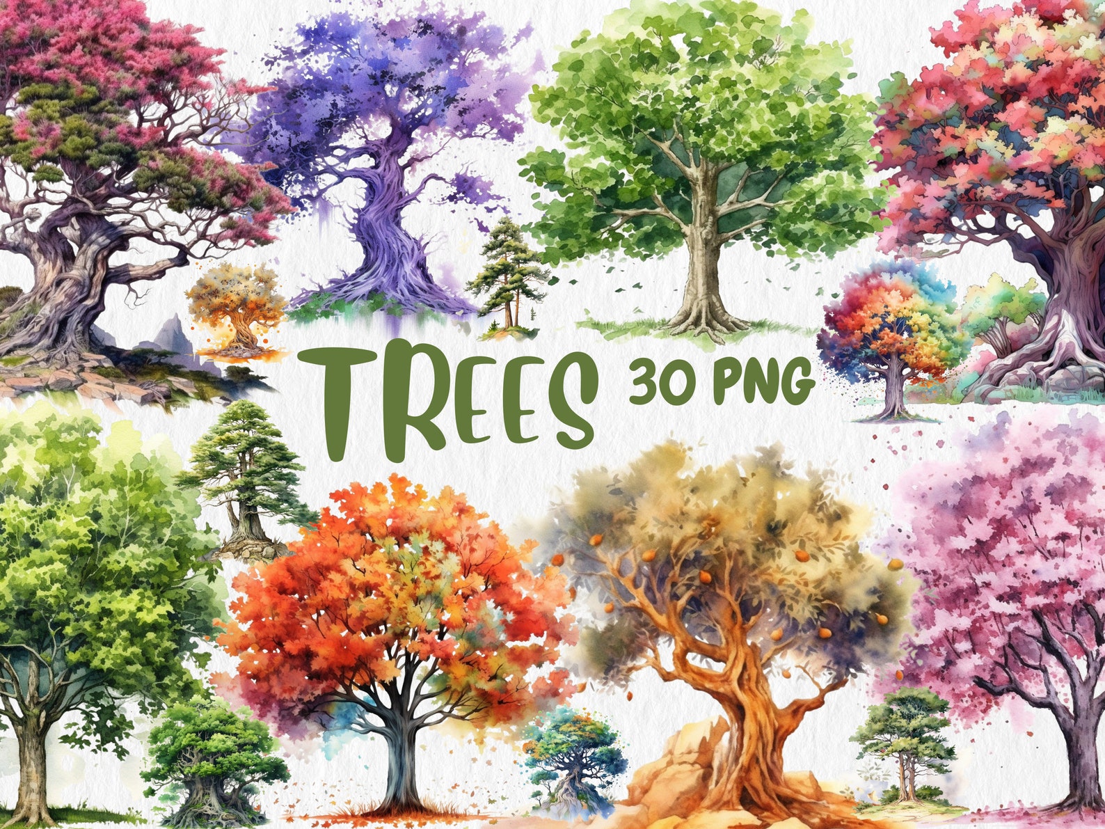 Watercolor Trees Clipart Painted Colorful Tree Clipart - Etsy