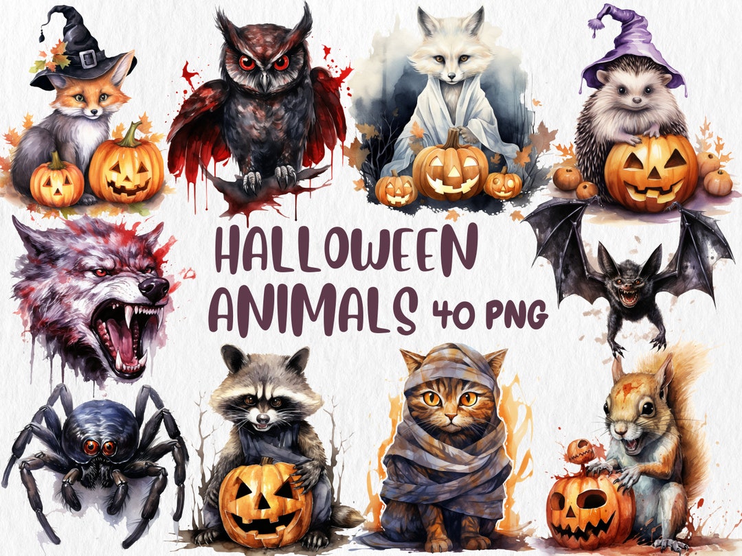Watercolor Halloween Animals Clipart: Spooky Bat, Wolf, Spider (instant ...