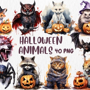 Watercolor Halloween Animals Clipart: Spooky Bat, Wolf, Spider (instant ...