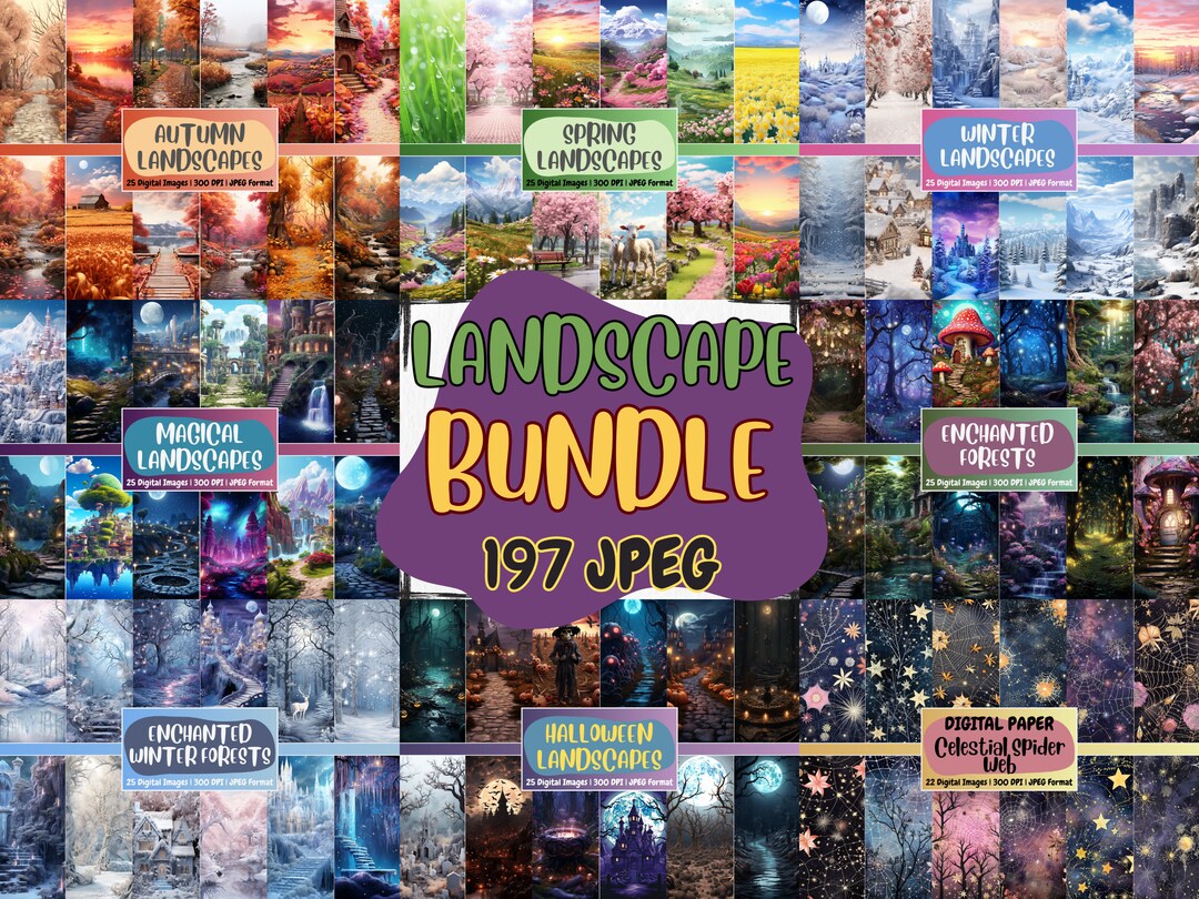Landscapes Digital Paper Mega Bundle | Halloween, Enchanted Forests, Winter, Autumn, Spring ...