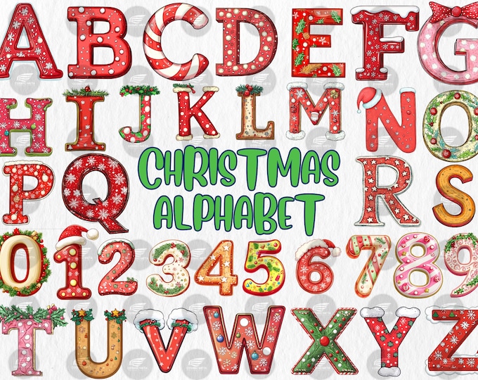 Christmas Alphabet Clipart: A-Z Letters & Numbers PNG (digital Download ...
