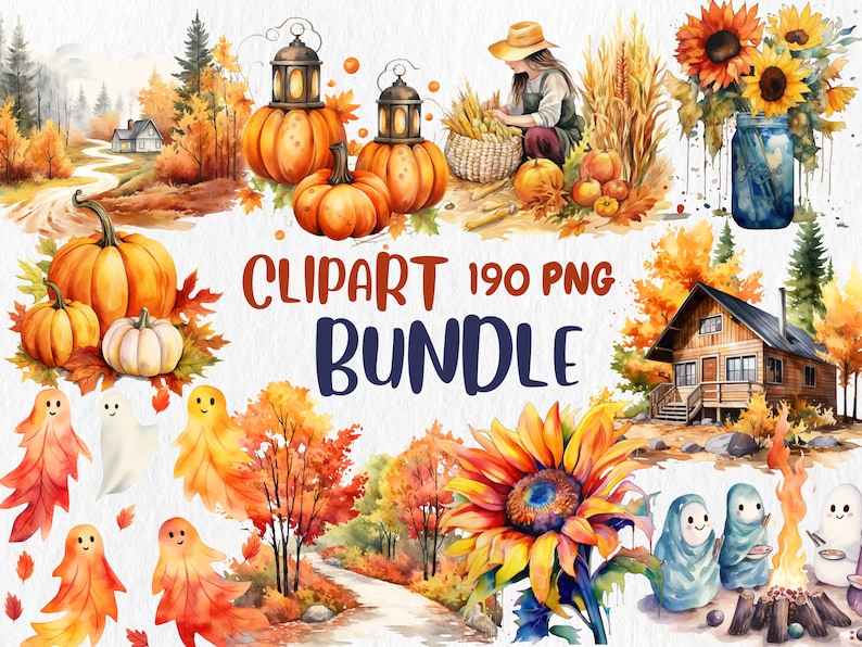 Watercolor Autumn Clipart Mega Bundle, Fall PNG Images (instant ...