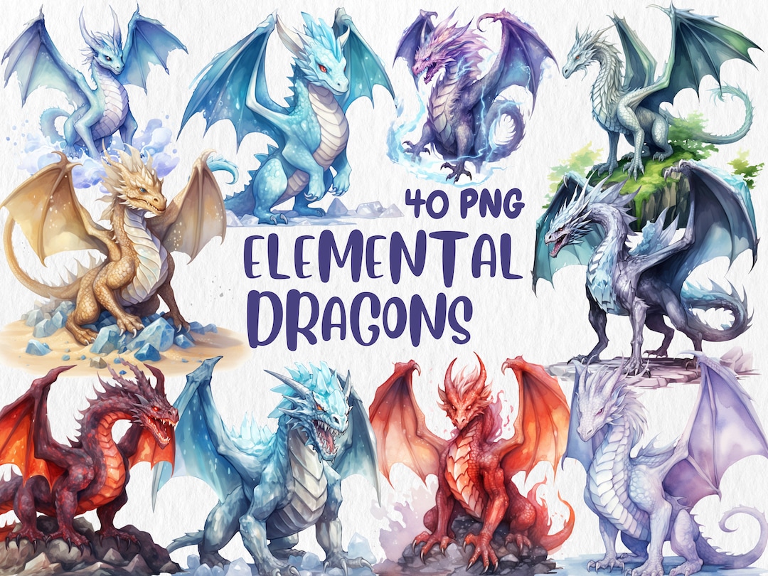 Watercolor Elemental Dragons Clipart: Fantasy Illustrations (instant ...