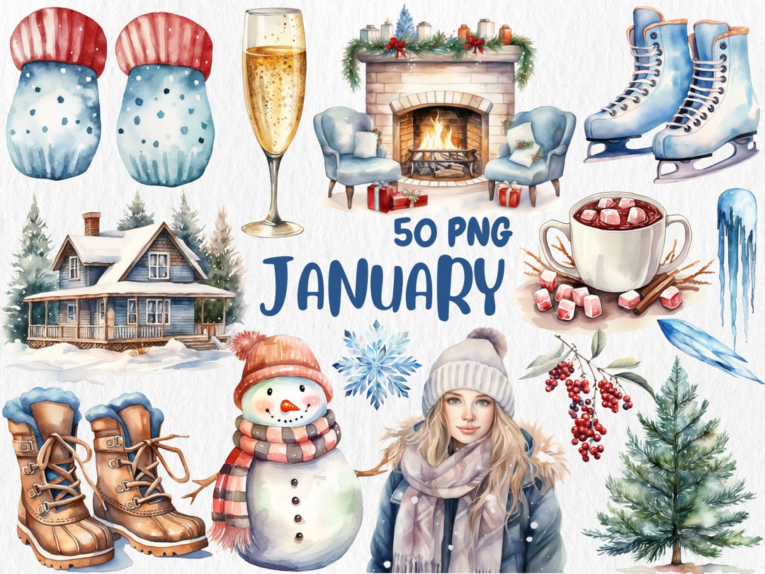 Watercolor January Clipart | Winter, Snowman, Holiday, Mitten, Owl, New ...