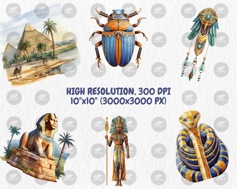 Watercolor Ancient Egypt Clip Art: Pharaoh, Cleopatra, Pyramids ...