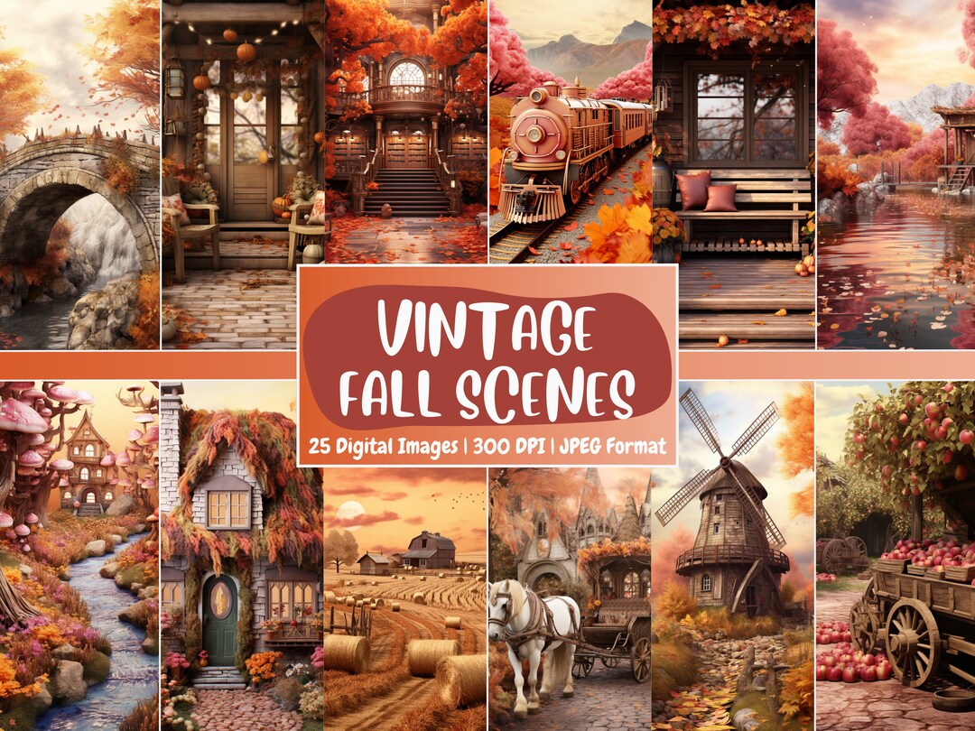 Vintage Fall Scenes Digital Paper | Vintage Paper Background, Fall ...