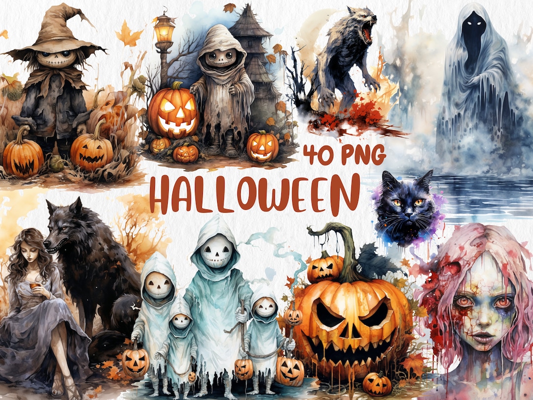 Watercolor Halloween Clipart: 40 Spooky PNG Graphics (commercial Use ...