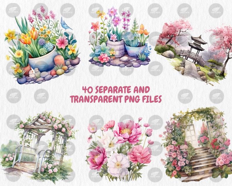 Watercolor Spring Garden Clipart: 40 PNG Illustrations (digital ...