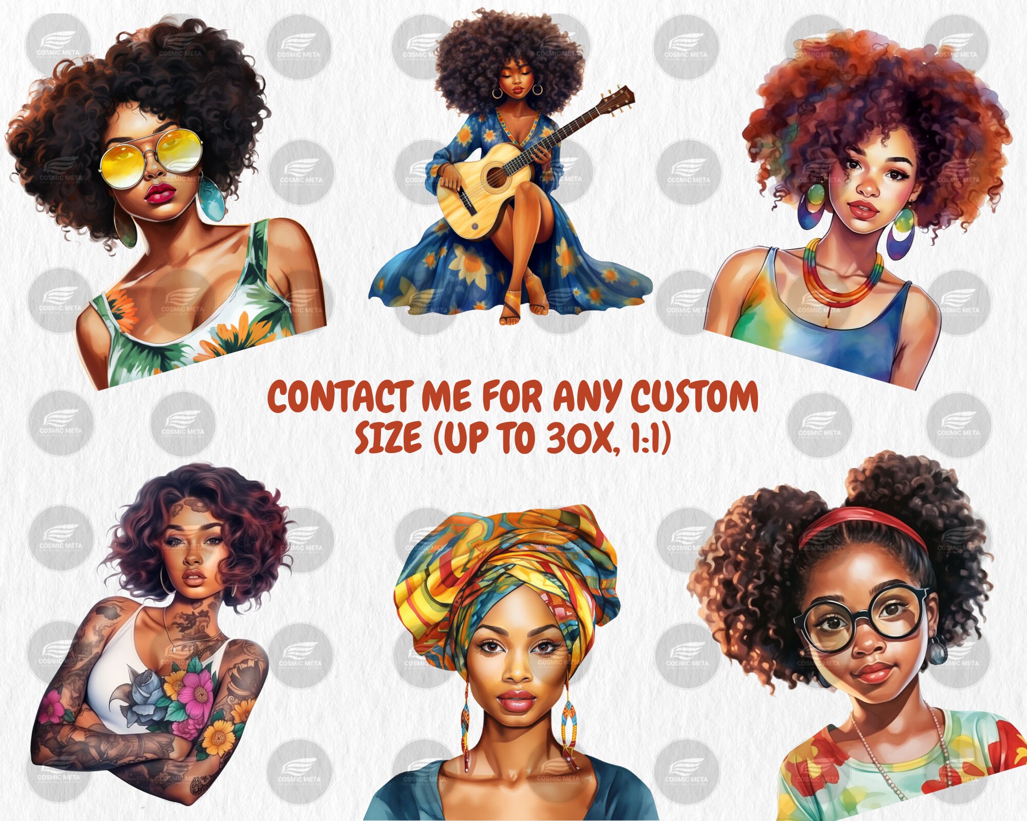 Watercolor Afro Girls Clipart: Black Woman Illustrations (instant ...