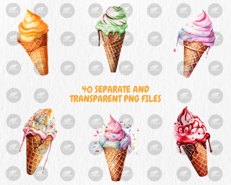 Watercolor Ice Cream Cones Clipart: Summer Dessert PNG (commercial Use ...