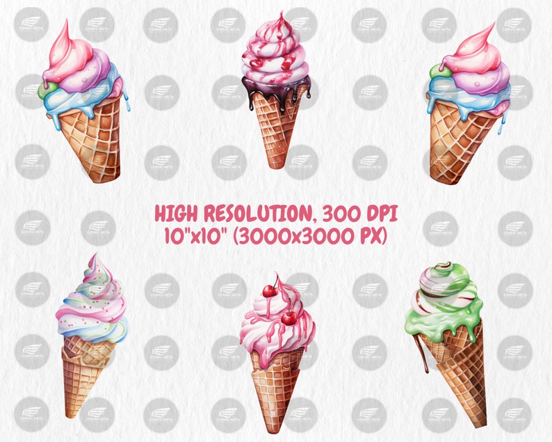 Watercolor Ice Cream Cones Clipart: Summer Dessert PNG (commercial Use ...
