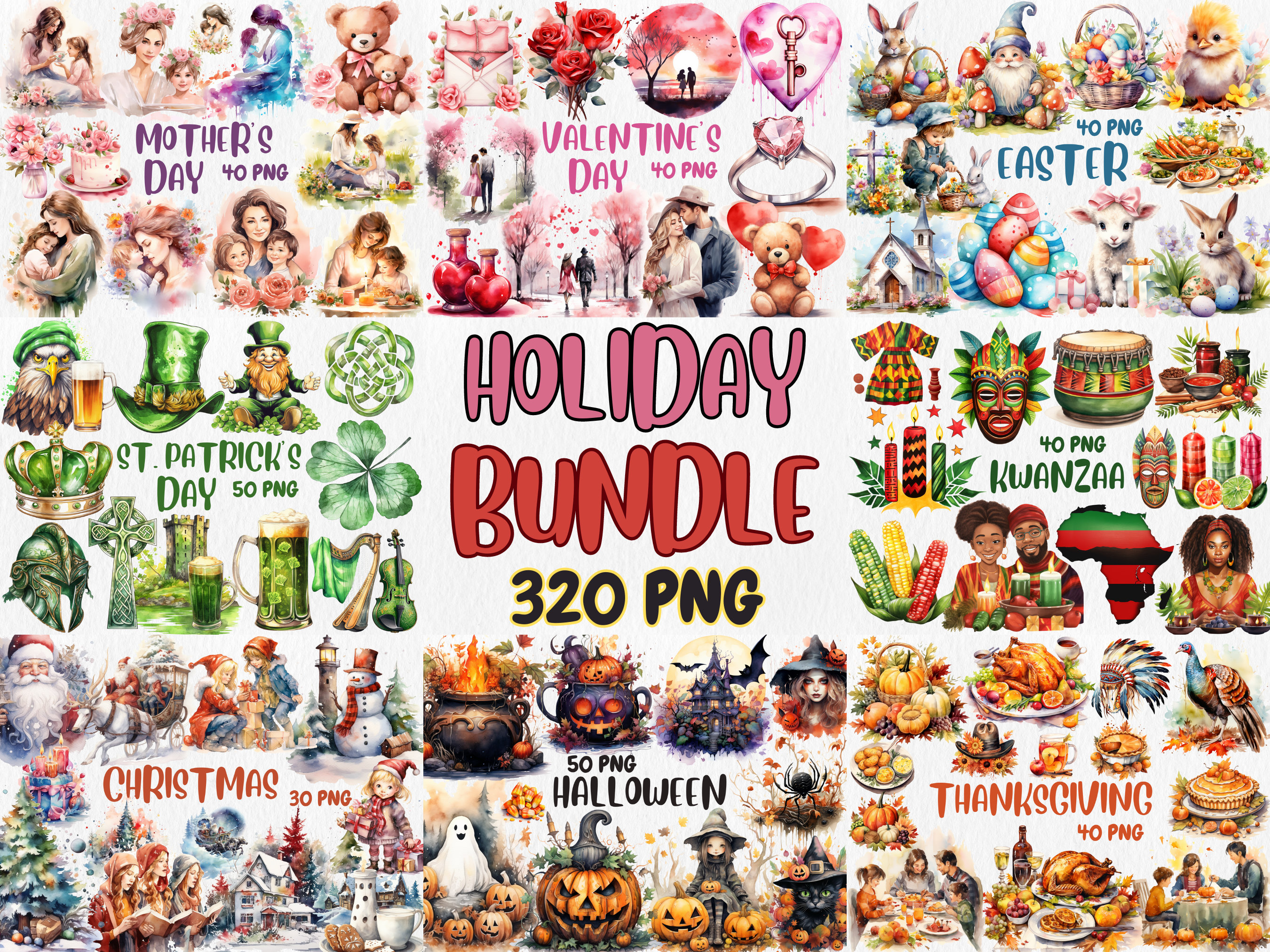 Watercolor Holiday Clipart Bundle: Thanksgiving, Christmas, Halloween ...