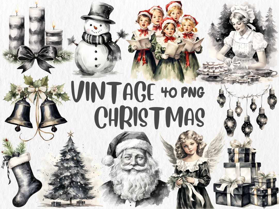 Watercolor Christmas Clipart: Vintage Black and White Illustrations ...