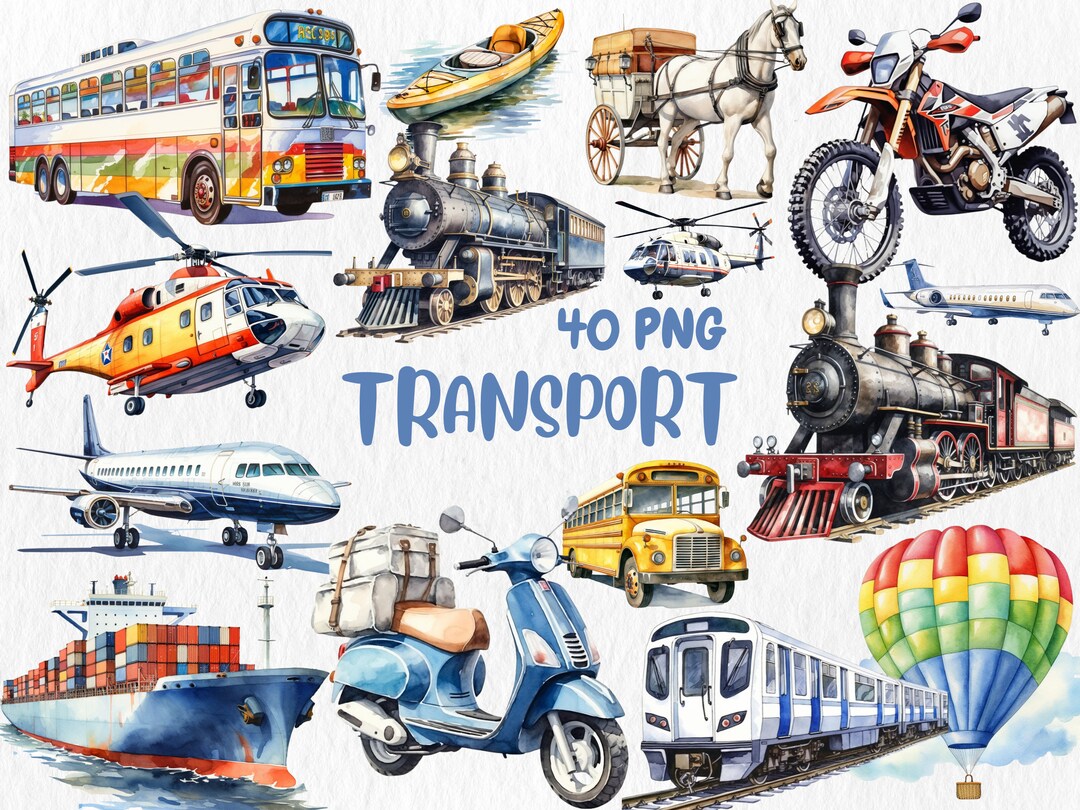 Watercolor Transportation Clipart | Train, Truck, Bus, Motorcycle ...