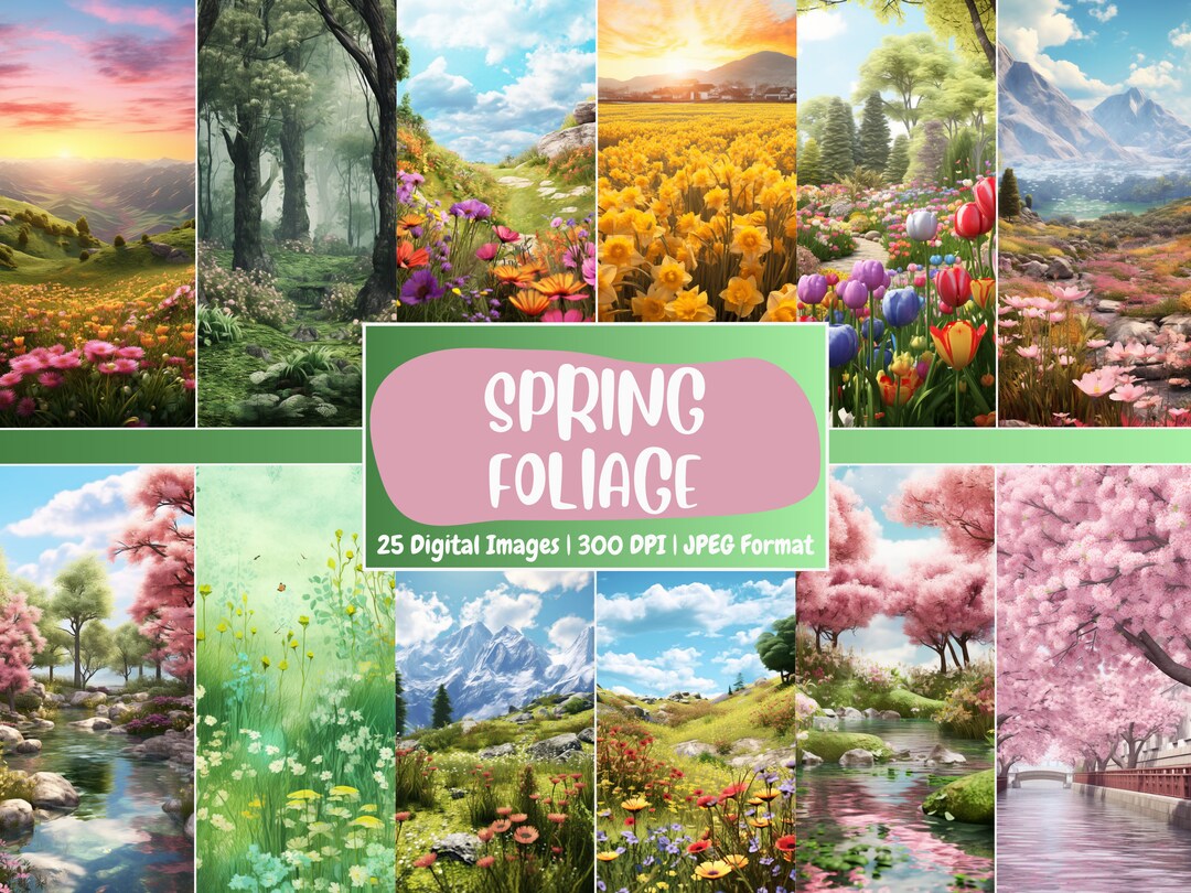 Spring Foliage Digital Paper | Spring Landscape Paper Background, Floral Paper Backdrops ...