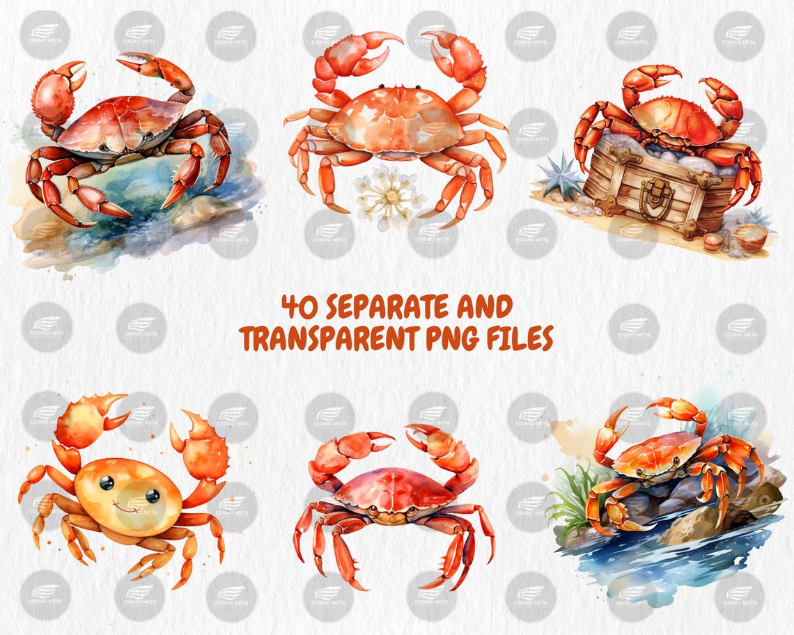 Watercolor Crabs Clipart: 40 Ocean Animal PNG Graphics (commercial Use ...