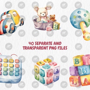 Watercolor Baby Toys Clipart Wooden Blocks, Plush Bunny, Nursery Decor ...