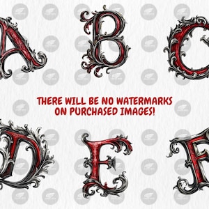 Red Gothic Alphabet Clipart: Medieval Letters & Numbers (PNG Digital ...