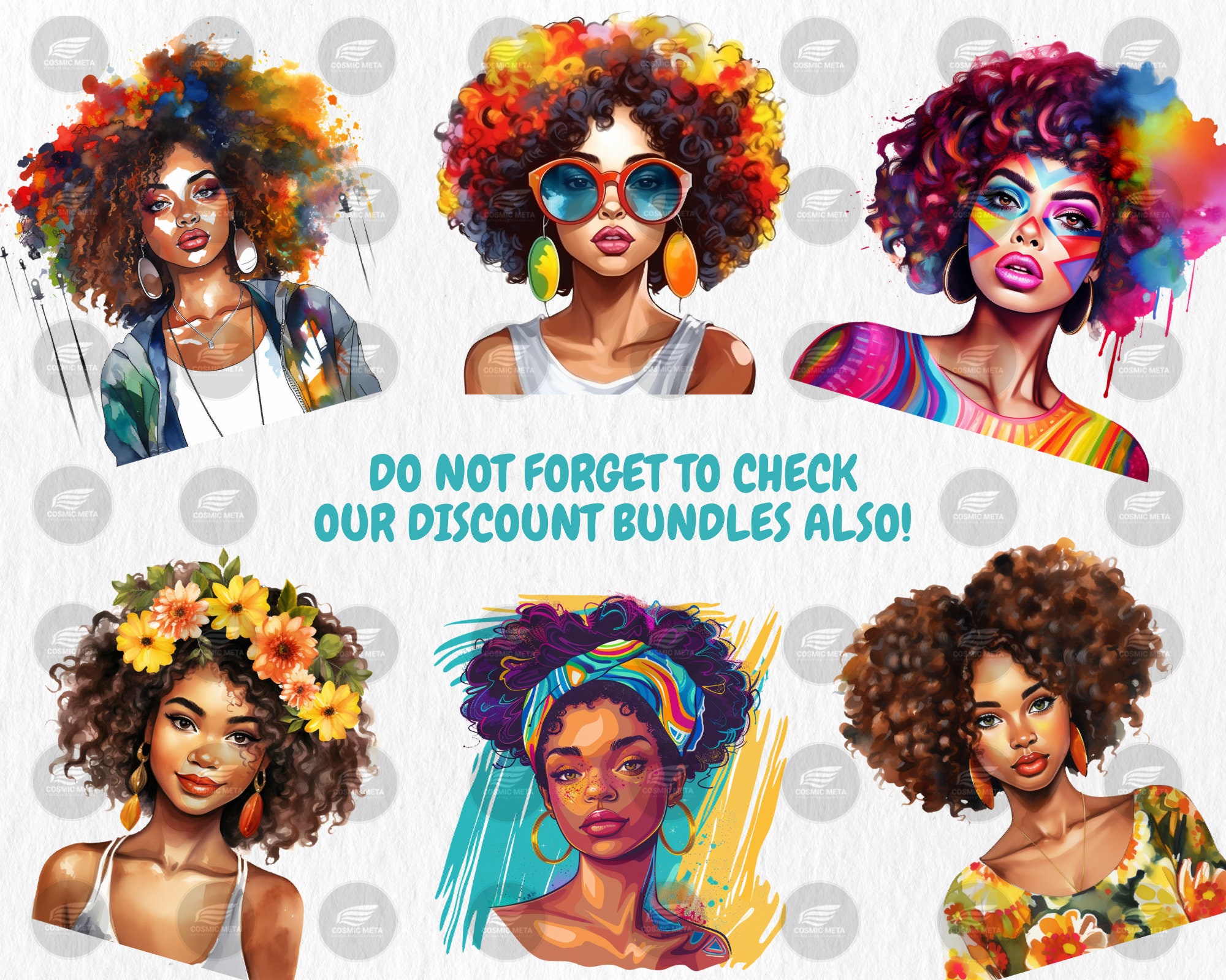 Watercolor Afro Girls Clipart: Black Woman Illustrations (instant ...