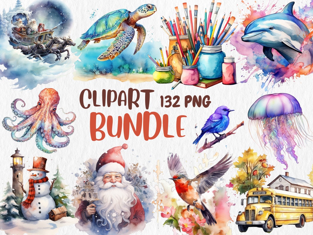 Watercolor Clipart Mega Bundle | 132 PNG Graphics | Animals, Christmas ...