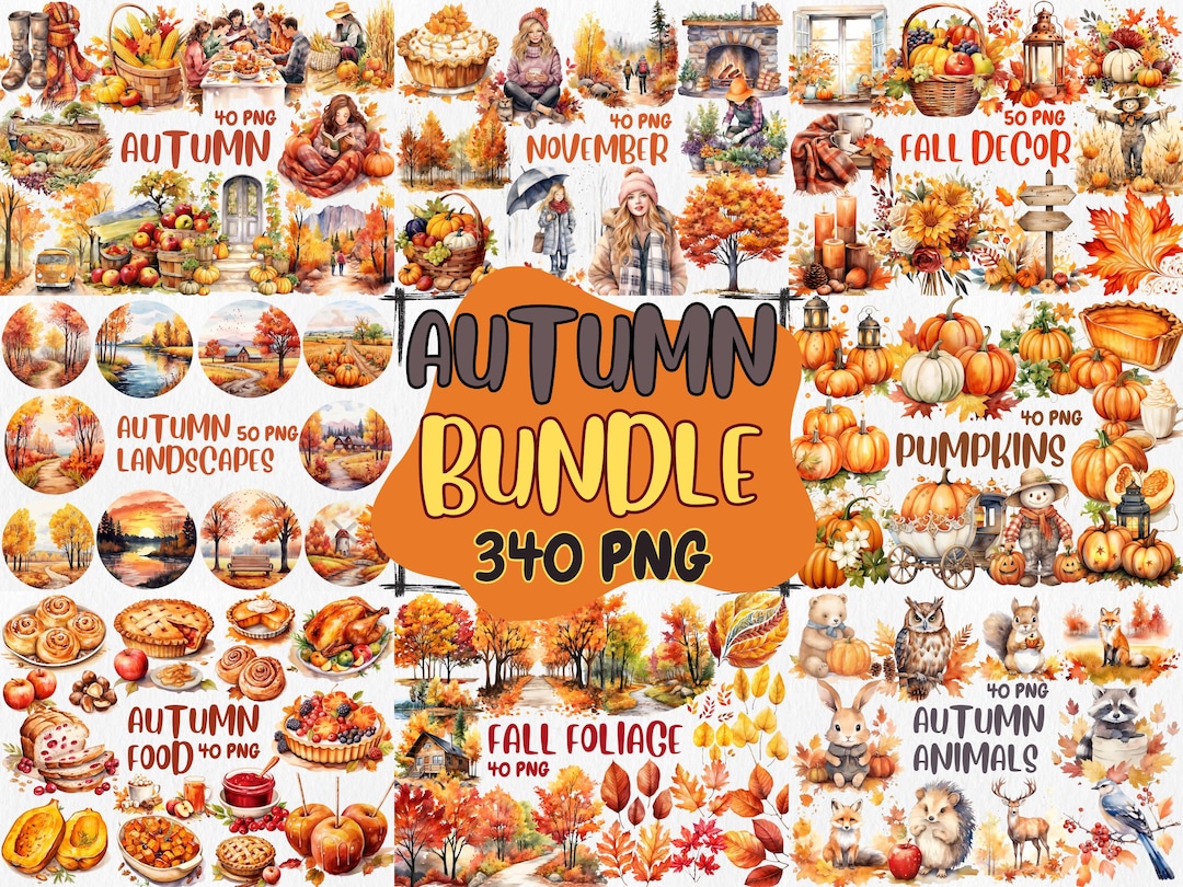 Watercolor Autumn Clipart Bundle: Fall Decor, Animals, Pumpkins ...