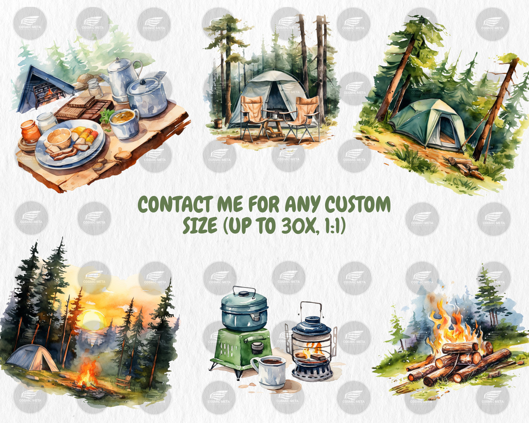 Watercolor Camping Clipart: 40 PNG Tent, Campfire Illustrations ...