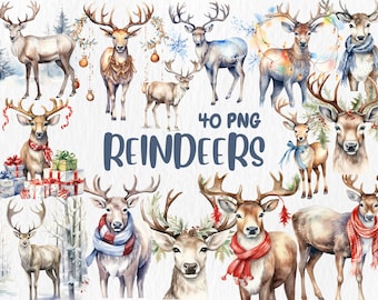 Watercolor Reindeer Clipart: Christmas PNG Graphics (digital Download ...