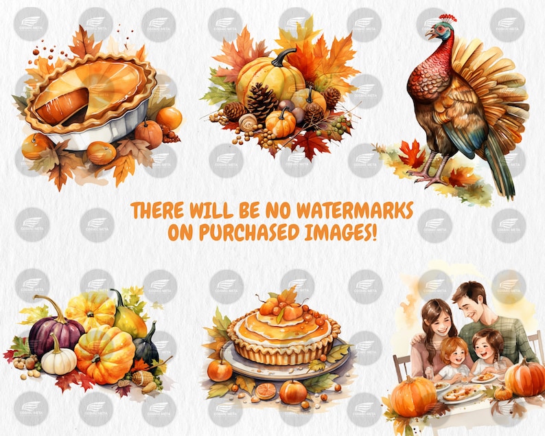Watercolor Thanksgiving Clipart: Turkey, Pie, Cornucopia (40 PNG ...