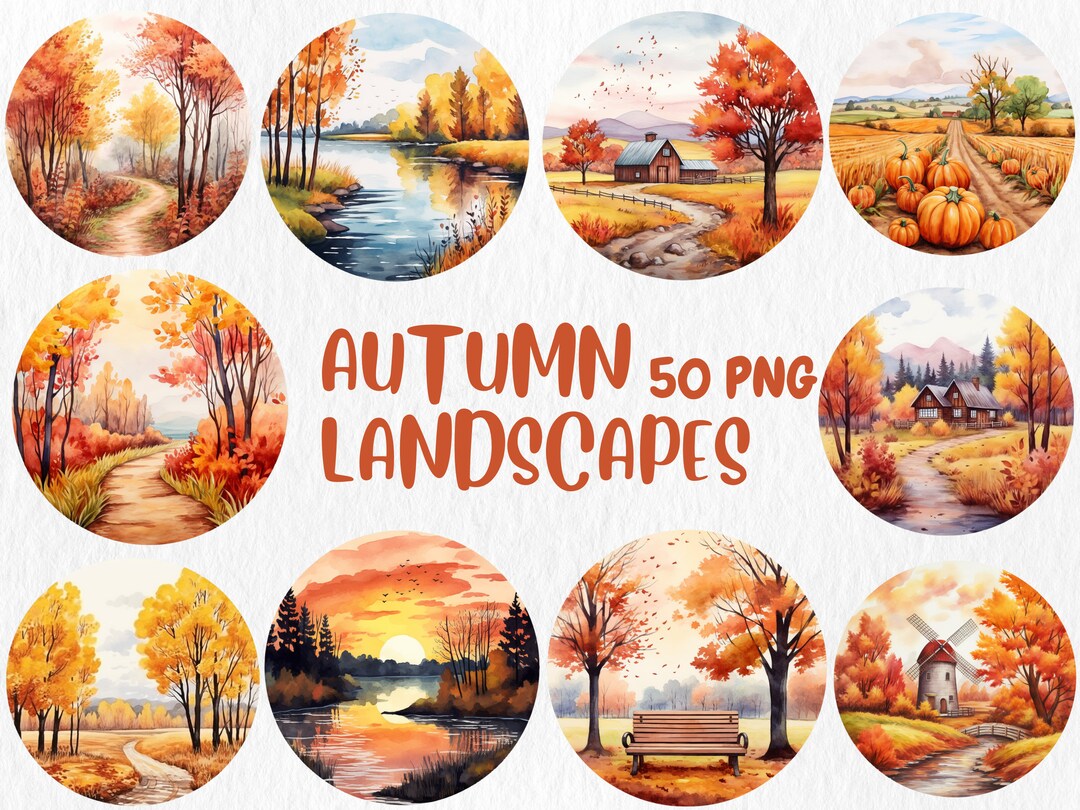 Watercolor Autumn Landscapes Clipart: 50 Fall Scene Pngs (commercial ...