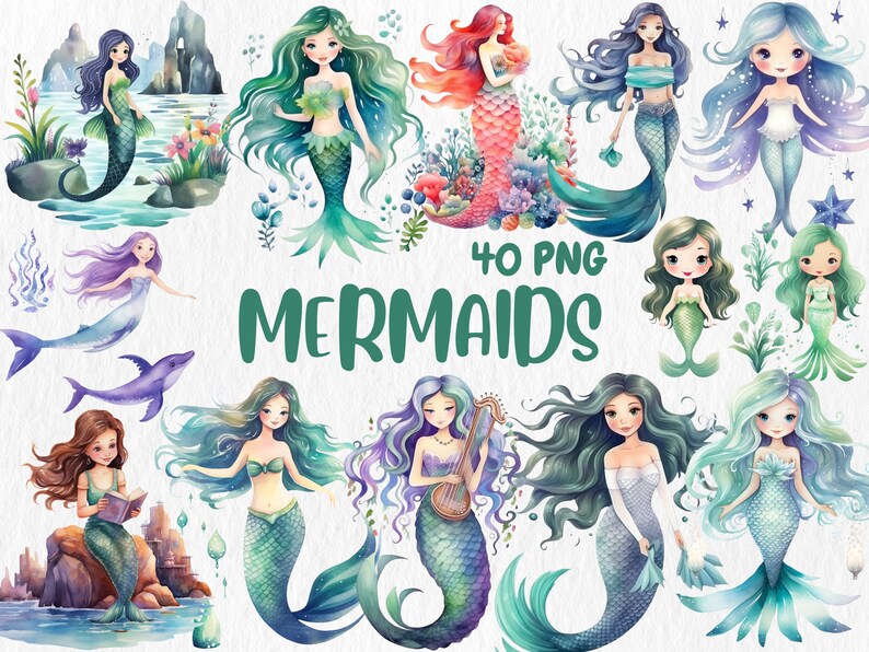 Watercolor Mermaid Clipart: Magical Sea Illustrations (instant Download ...