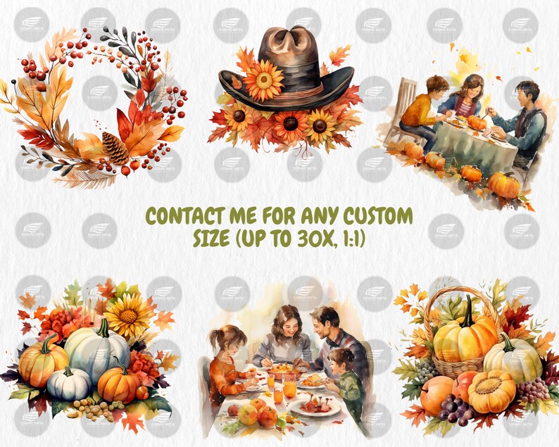 Watercolor Thanksgiving Clipart: Turkey, Pie, Cornucopia (40 PNG ...