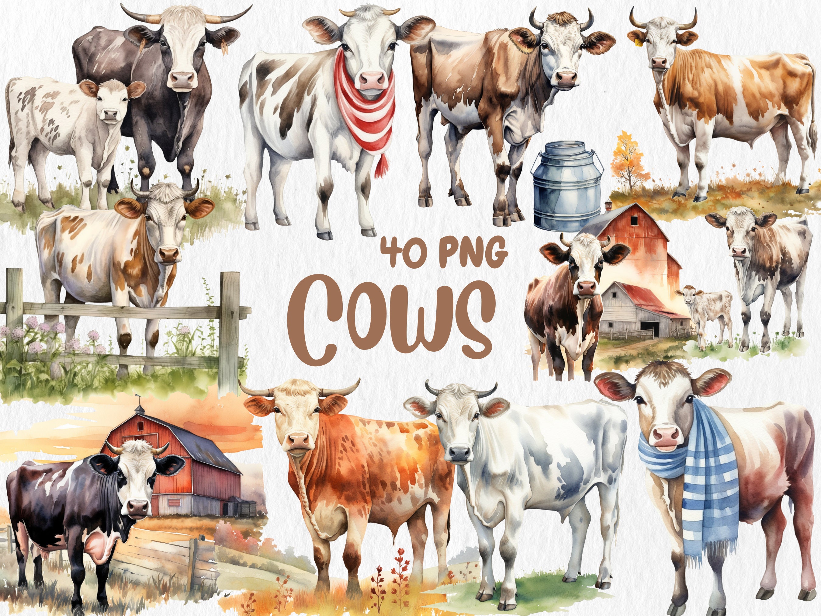 Watercolor Cows Clipart: Farmhouse Illustrations (instant Download) - Etsy