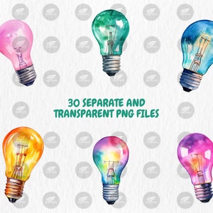 Watercolor Light Bulb Clipart: 30 Colorful PNG Graphics (digital ...