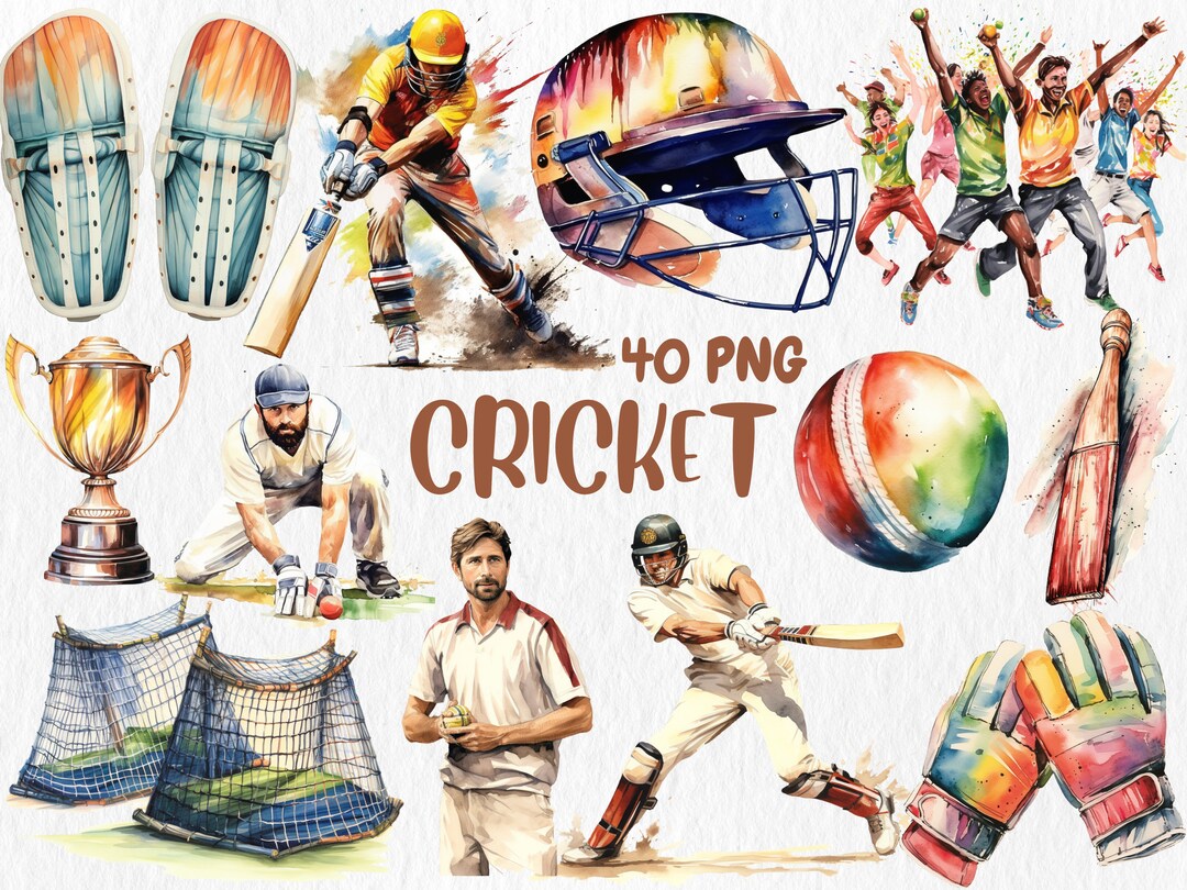 Watercolor Cricket Clipart | Sport, Helmet, Bat, Glove, Player, Bag ...