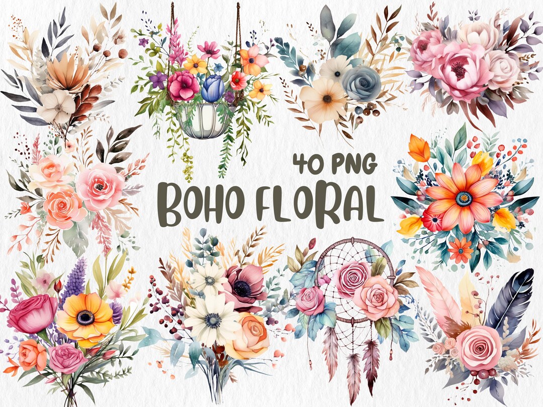 Watercolor Boho Floral Clipart | Floral Bouquet, Wildflowers, Rustic ...