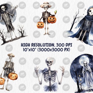 Watercolor Halloween Skeletons Clipart | Skeleton, Pumpkin, Bat ...
