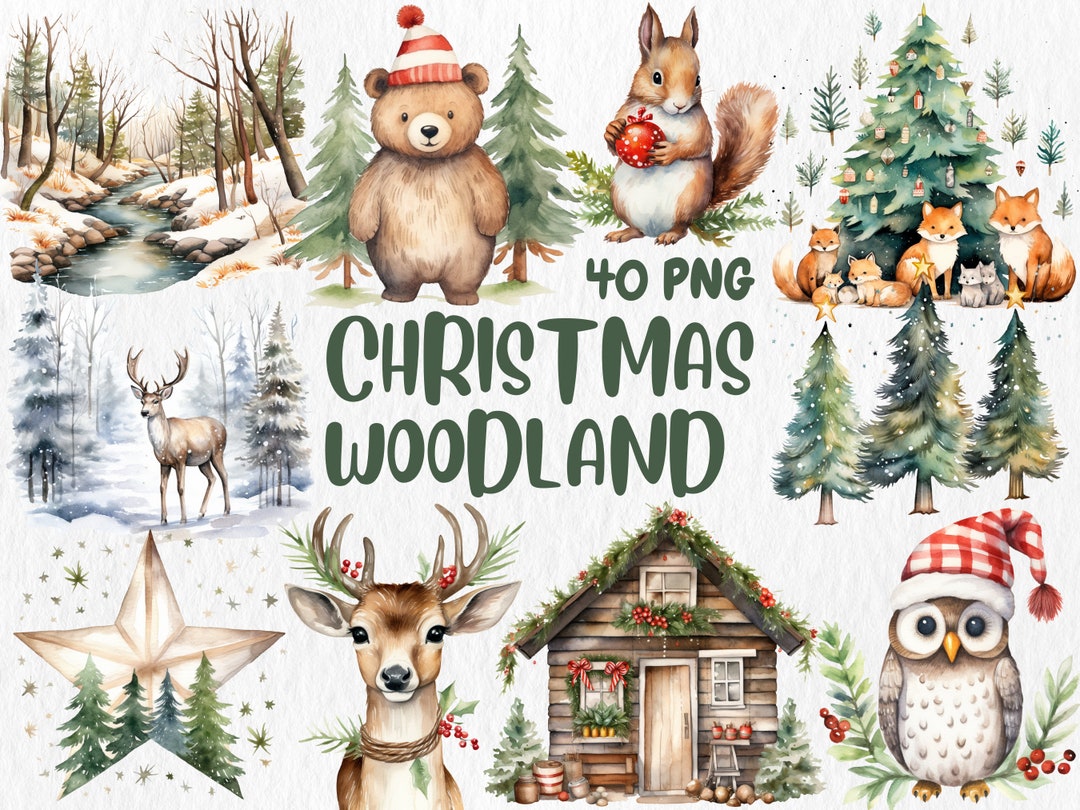 Watercolor Christmas Woodland Clipart: Reindeer, Cottage (instant ...