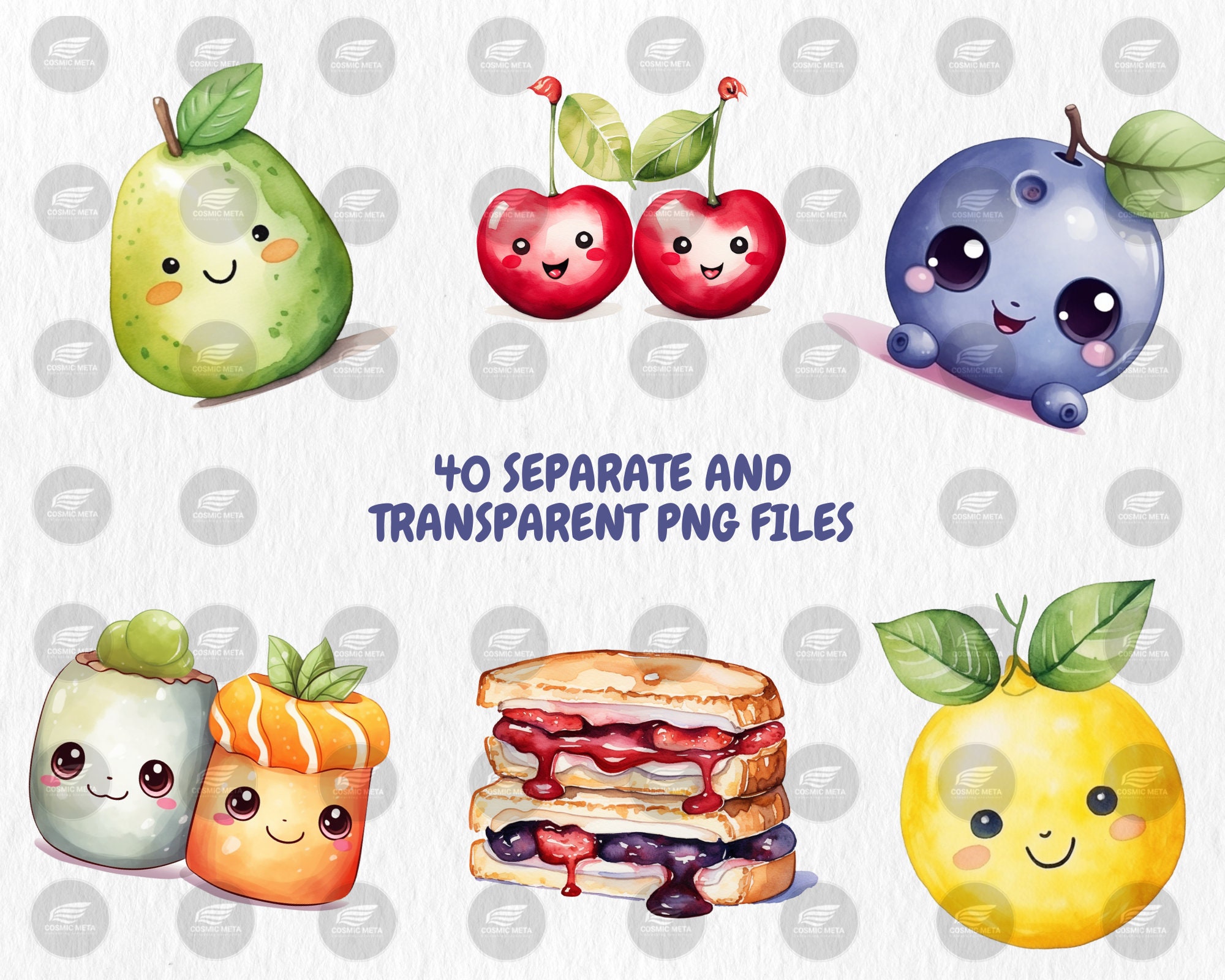 Watercolor Kawaii Food Clipart: 40 PNG Illustrations (digital Download ...