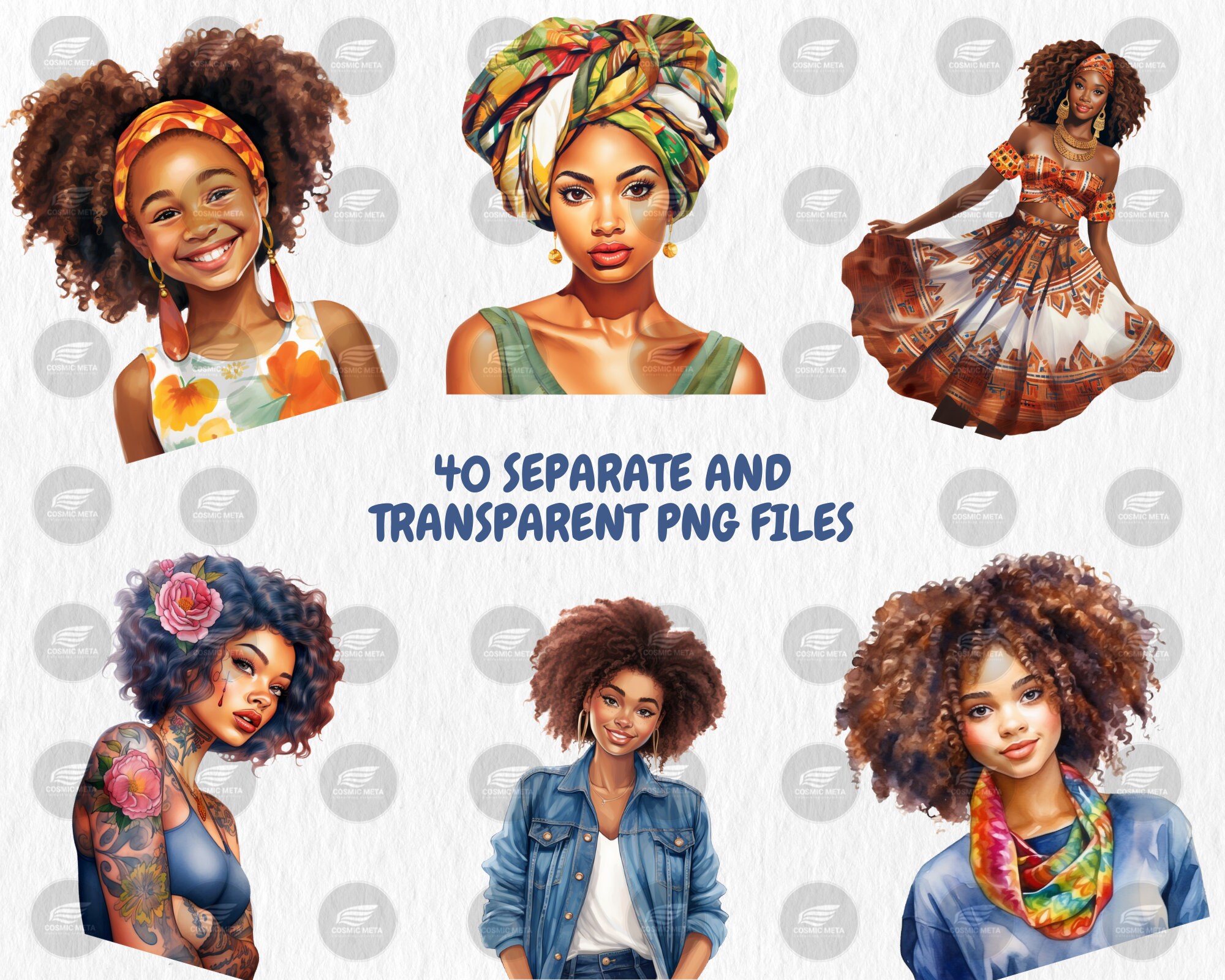 Watercolor Afro Girls Clipart: Black Woman Illustrations (instant ...