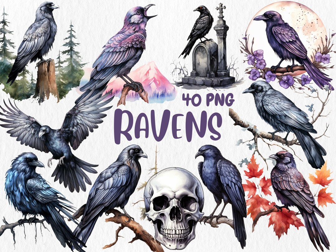 Watercolor Ravens Clipart | Black Bird, Gothic Animal, Dark and Mystic ...