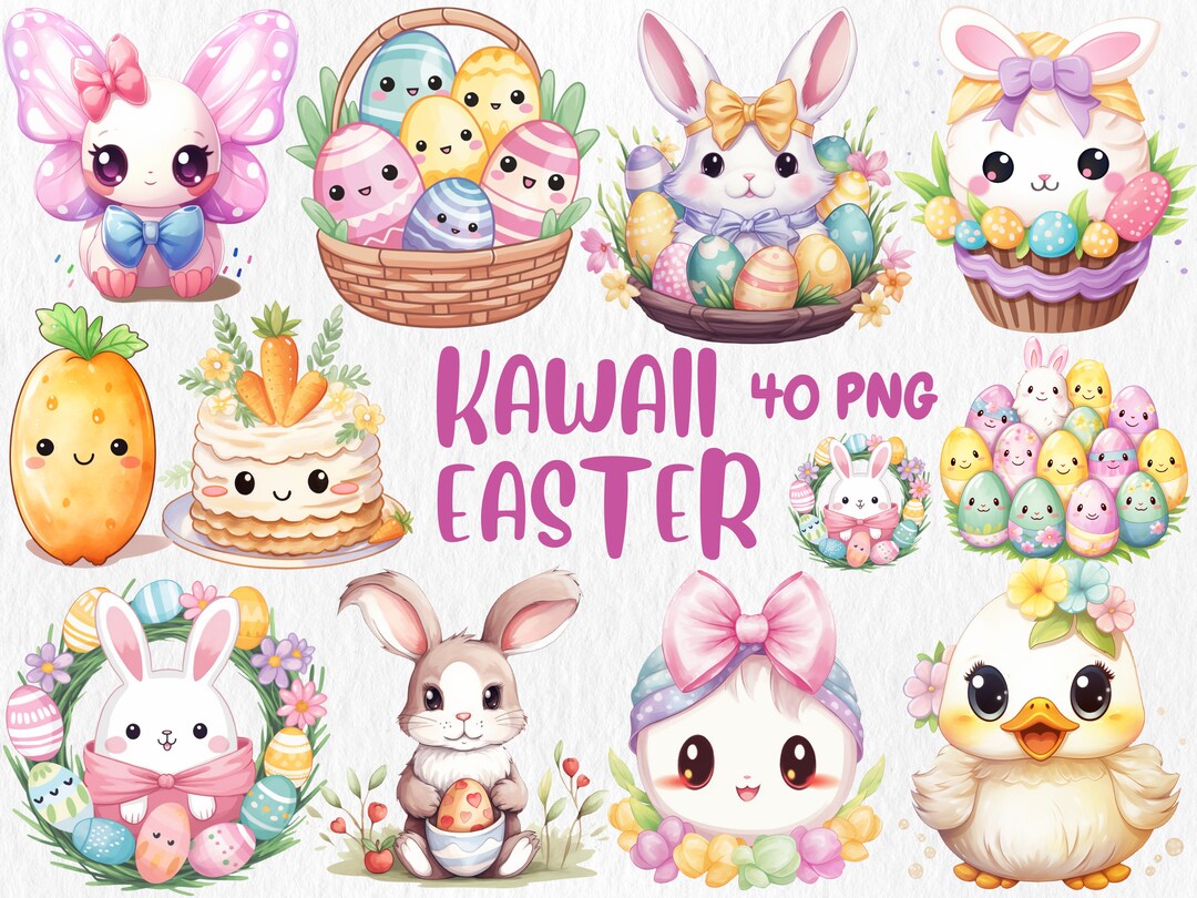 Watercolor Kawaii Easter Clipart | Cute Colorful Bunny, Chicken, Basket ...