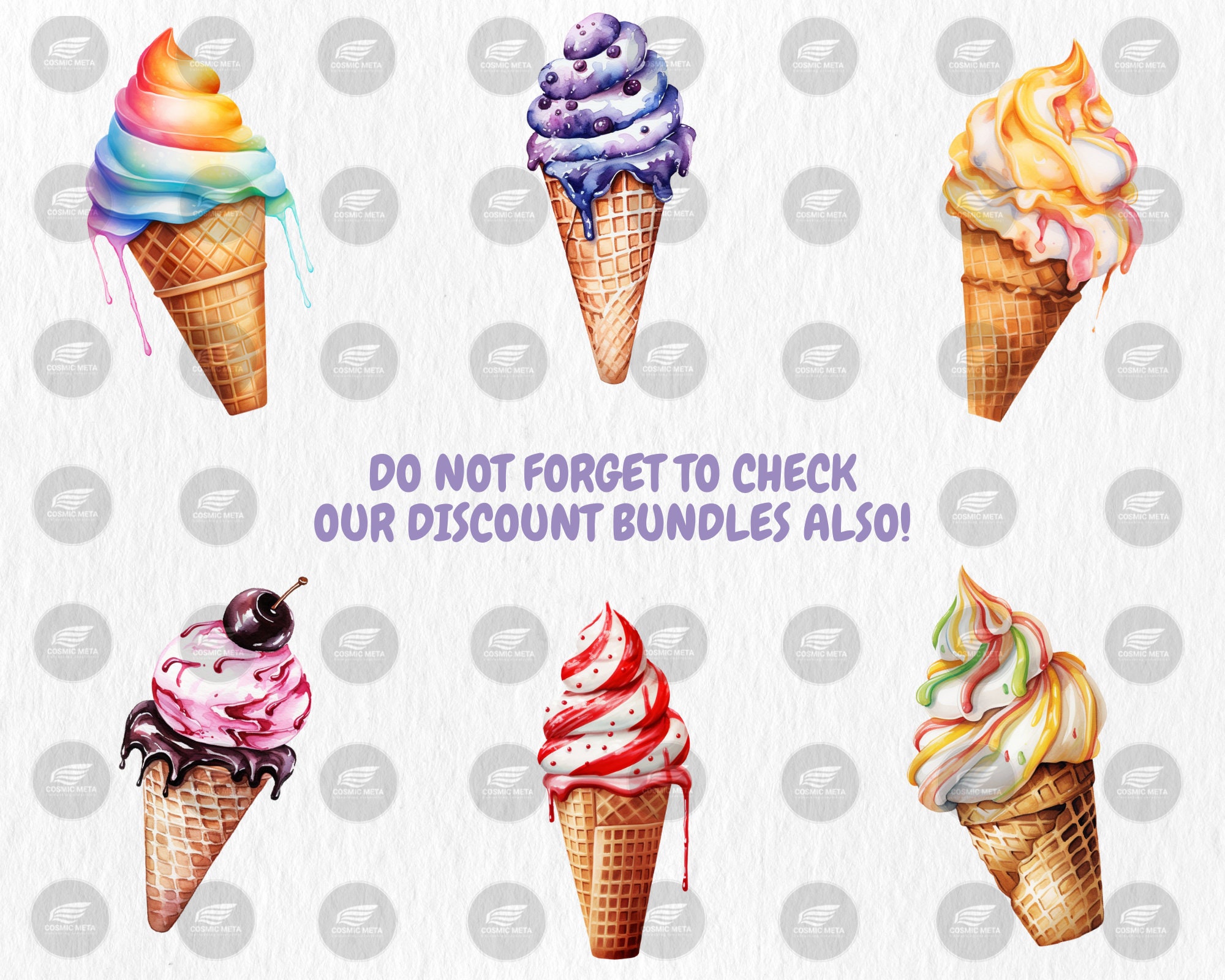Watercolor Ice Cream Cones Clipart: Summer Dessert PNG (commercial Use ...