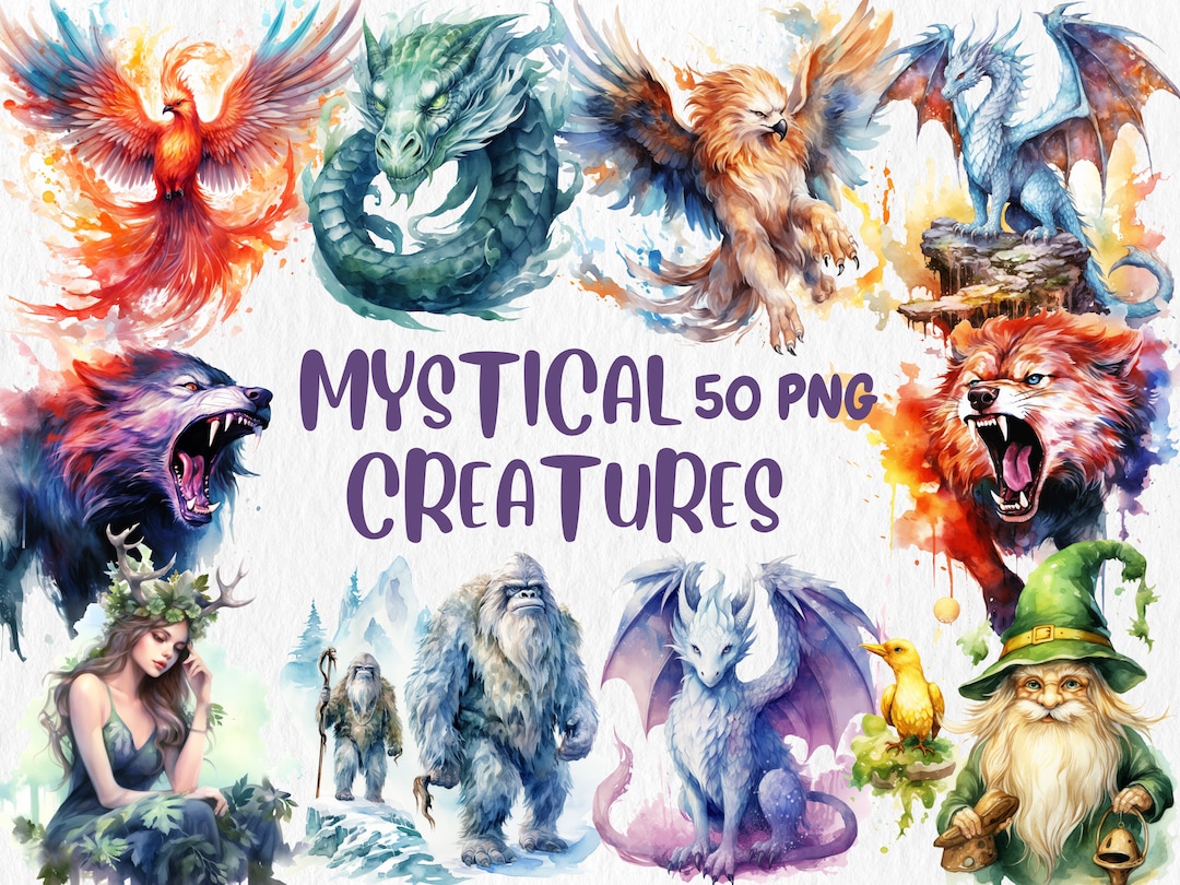 Watercolor Mystical Creatures Clipart: 50 PNG Illustrations (digital ...