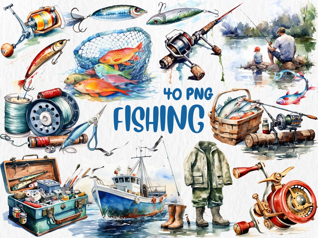 Watercolor Fishing Clipart: 40 PNG Illustrations (instant Download) - Etsy