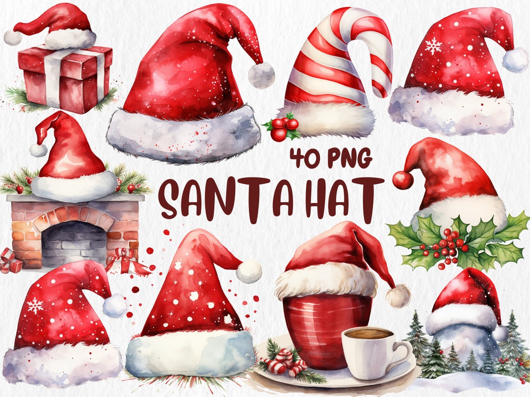 Watercolor Santa Hat Clipart: 40 Xmas Illustrations (commercial Use ...