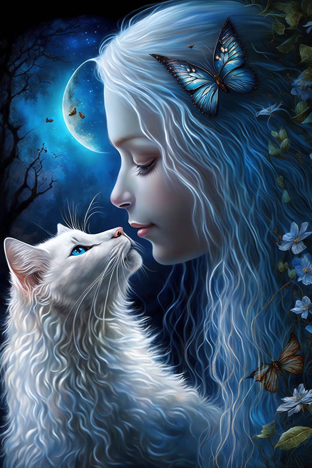 Fairy Queen Holding Beautiful White Cat in Magical Forest, Beautiful ...