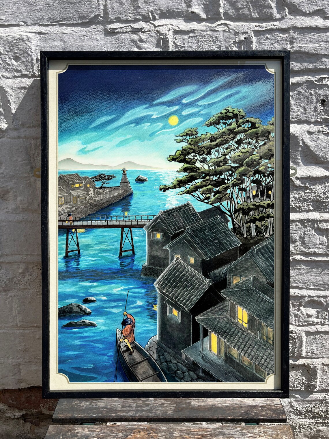 Japanese Vintage Style Wall Art A Town With Ocean View at Dusk in Japan ...