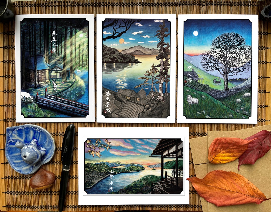 Set of 4 Greeting Cards - Japanese Vintage Style - Original Art Print ...