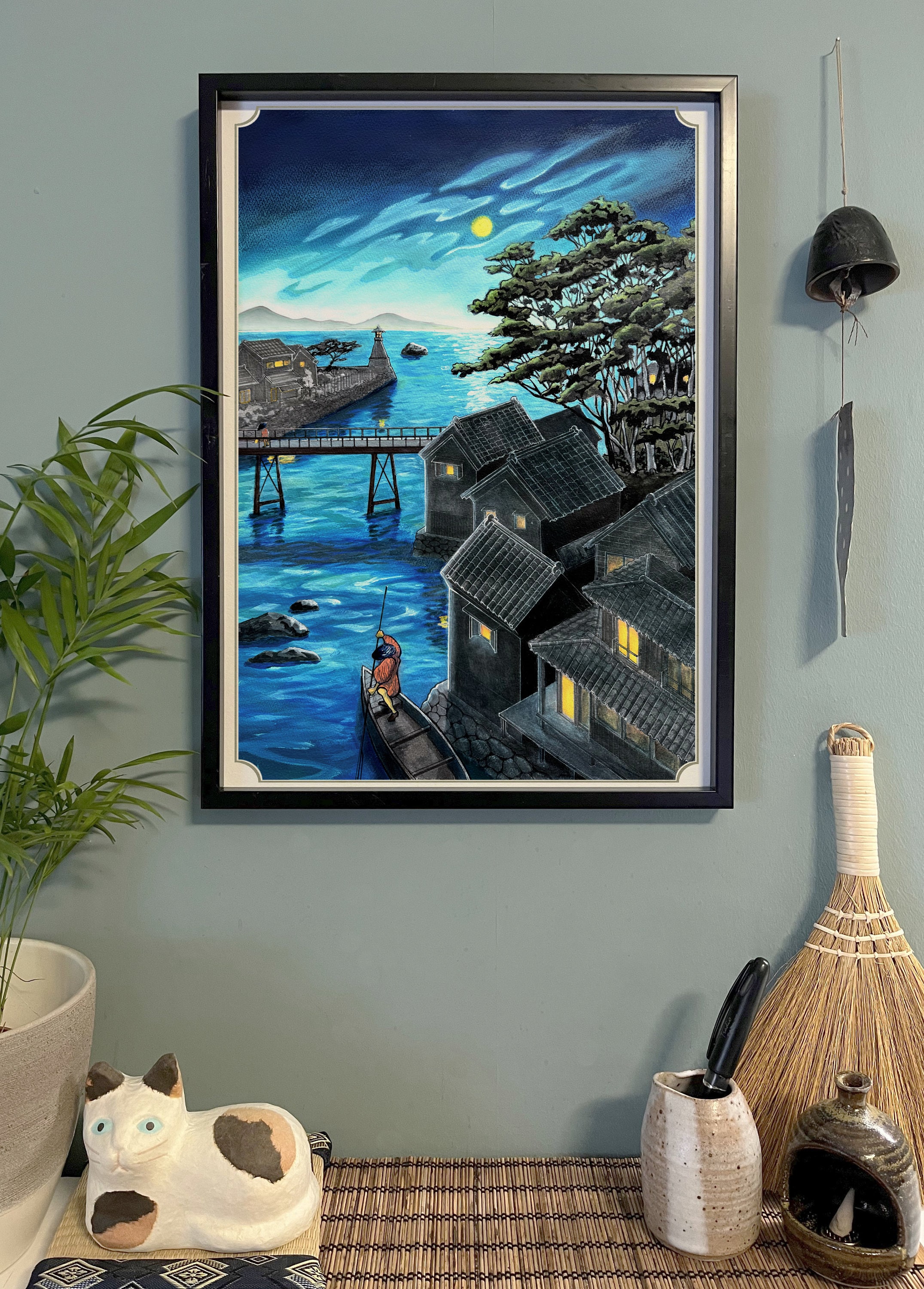 Japanese Vintage Style Wall Art A Town With Ocean View at Dusk in Japan ...