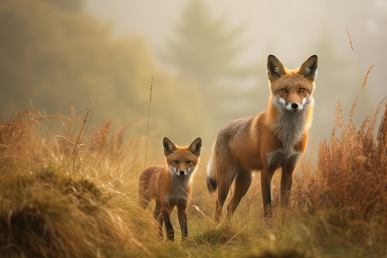 Female Fox Vixen With a Young Cub in and Autumn Meadow - Etsy